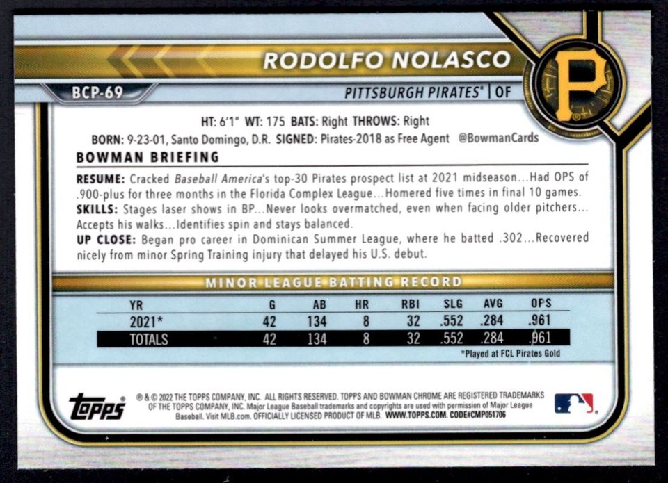 Rodolfo Nolasco 2022 Bowman Chrome Prospects Rookie 1st Card | RC #BCP ...