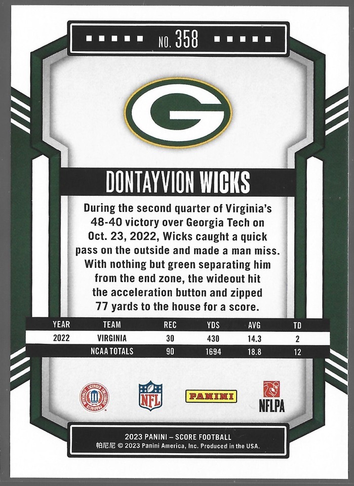 2023 Panini Score Dontayvion Wicks Rookie Card RC #358 Packers | eBay