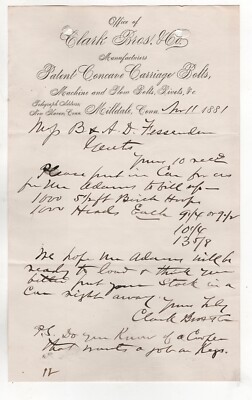 1881 CLARK BROS LETTERHEAD CONCAVE CARRIAGE BOLTS RIVETS MILLDALE CT ...