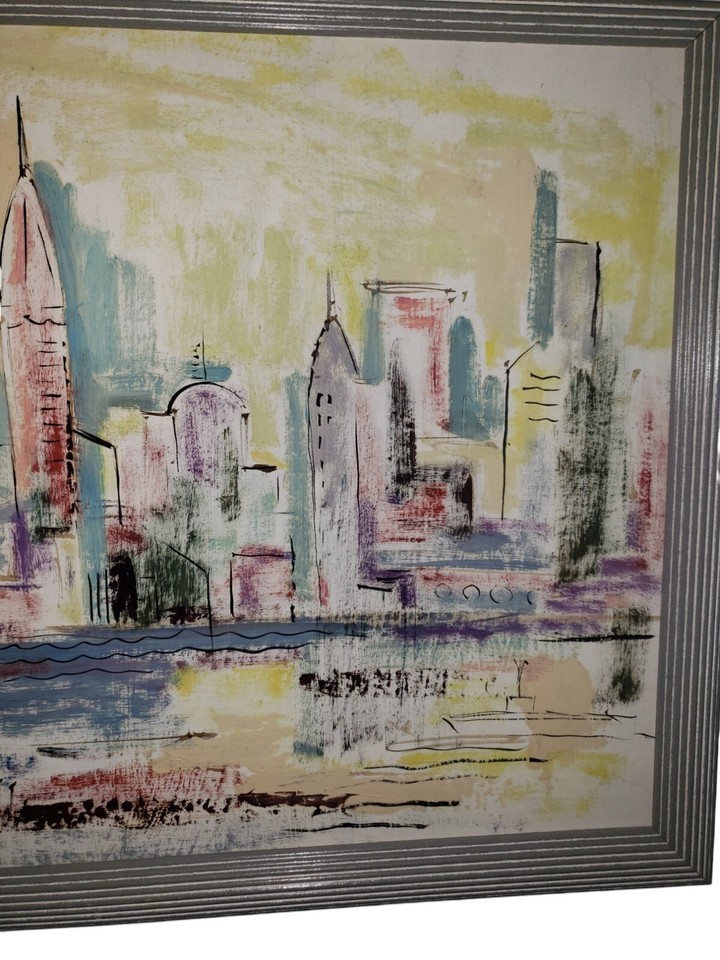 Vintage Oil Painting City Skyline Abstract Signed Jean B. Egan Framed ...