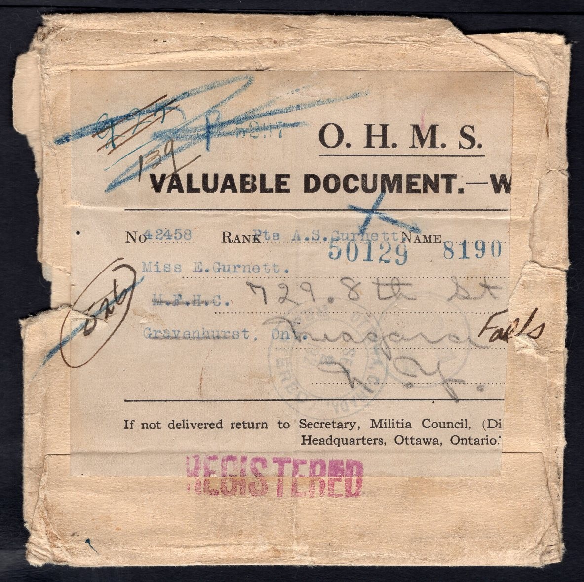 CANADA Military 1921 WW1 KIA Soldier OHMS Label Cover to USA Precancels ...