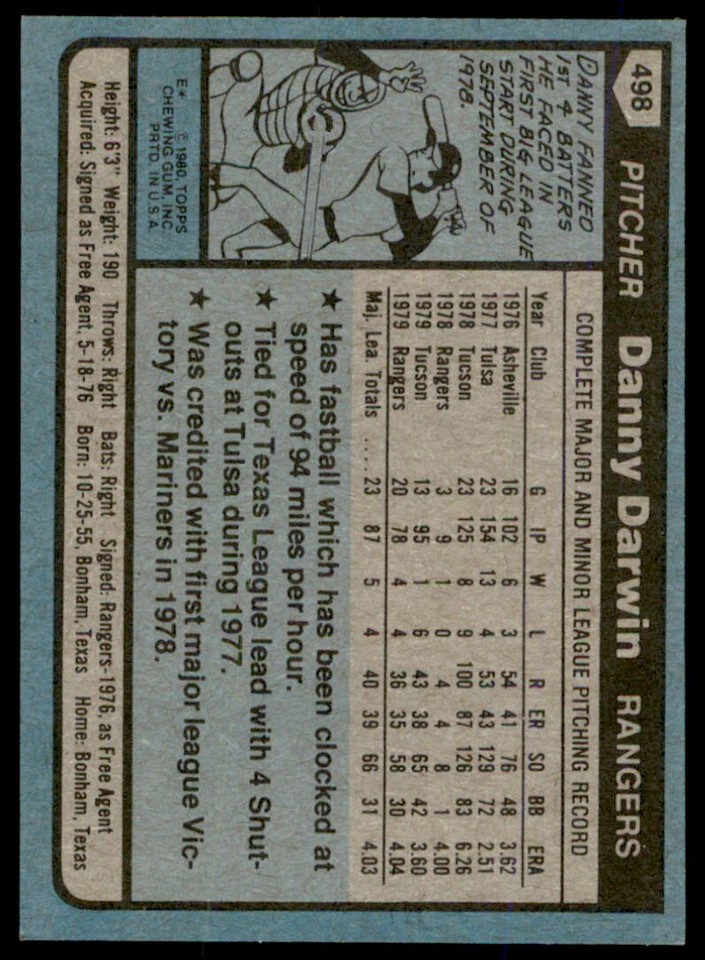 1980 TOPPS DANNY DARWIN TEXAS RANGERS #498 | eBay