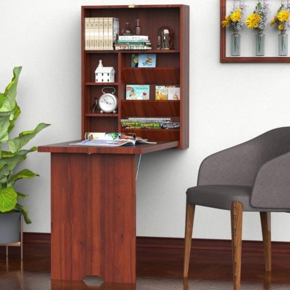 HOMCOM Wall Mounted Desk Convertible Fold Out Office Table W/Shelves ...