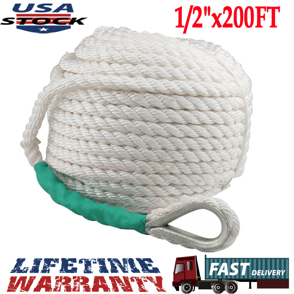 1/2"x200FT Boat Anchor Line Rope 3 Strand Twisted White Rope With ...