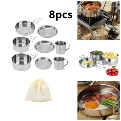 8Pcs Cookware Set Steel Pan Pot Outdoor Camping Hiking Picnic Cooking ...