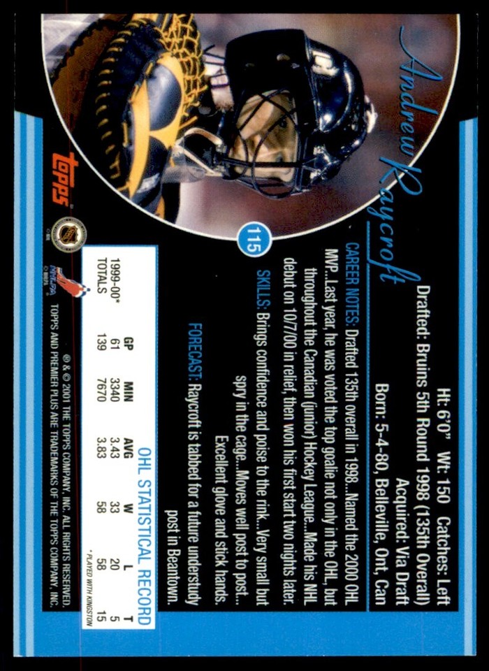 2000-01 Topps Premier Plus Andrew Raycroft RC #115 | eBay