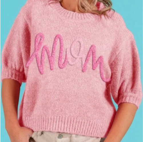 Bibi Wool Blend Sweater L Mom Logo Pink Short Puff Sleeve Preppy ...