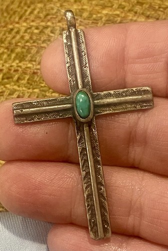 Rare Vtg Native Sterling Turquoise Cross Pendant - Gem