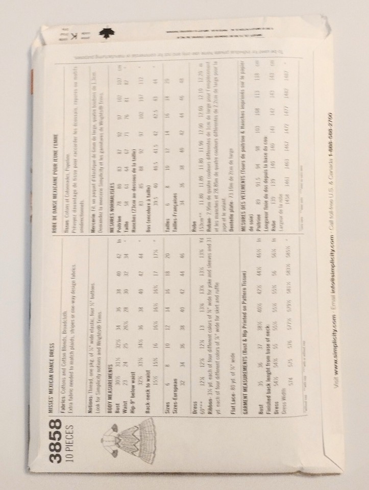 Simplicity Misses' Mexican Dance Dress Zarela Pattern 3858 Size 6 - 12 ...