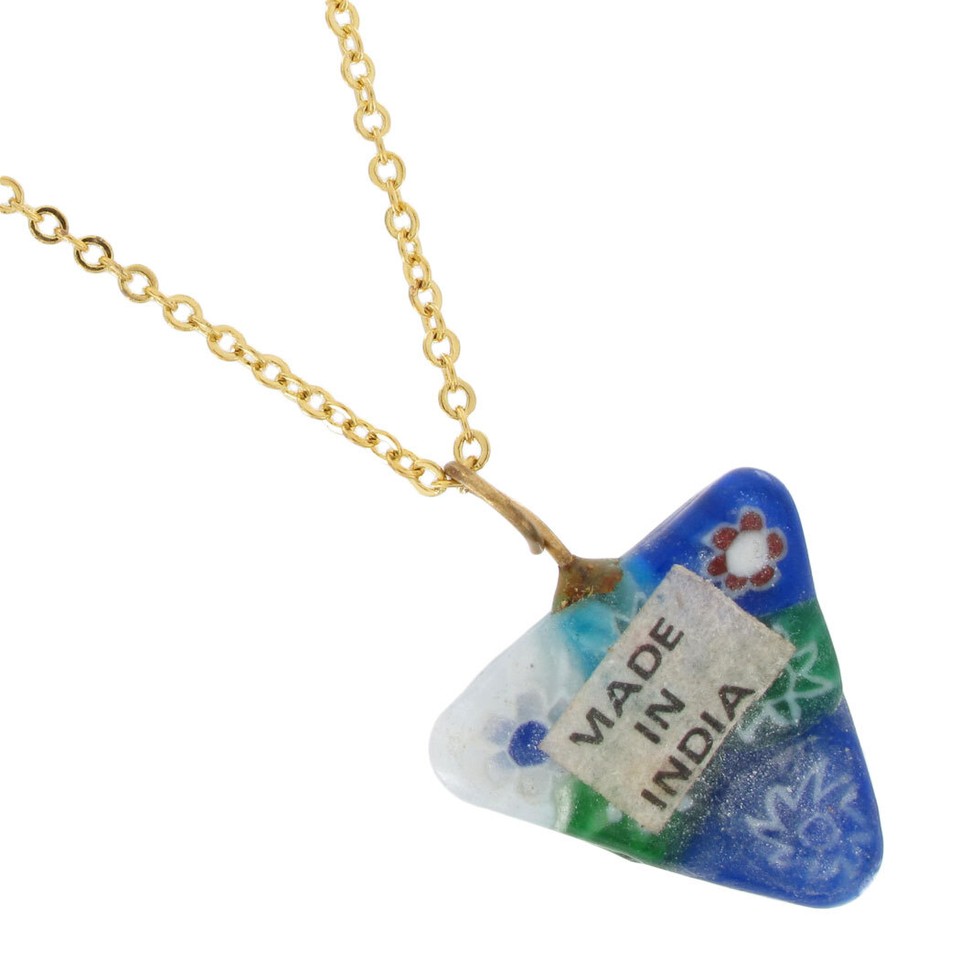 Multi Color Blue Glass Triangle Flower Pendant Necklace Womens 1980s ...