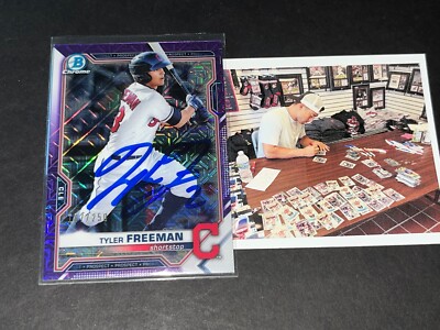 Tyler Freeman Indians Guardians Auto Signed 2021 Bowman Purple Mojo ...