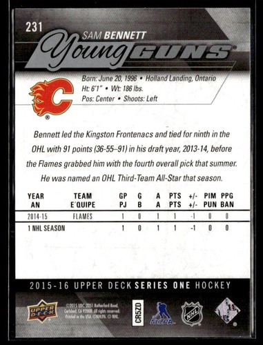 2015-16 Upper Deck Young Guns Sam Bennett Rookie Calgary Flames #231 | eBay