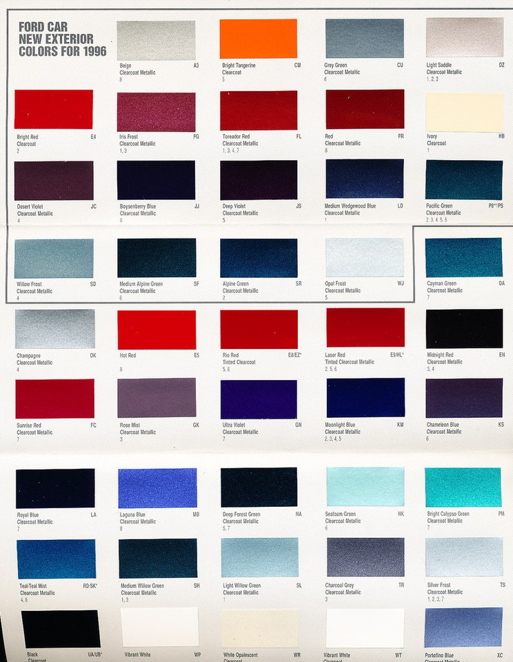 1996 Ford Cars Exterior Color Paint Brochure guide - Mustang ...