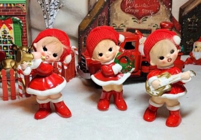 3pc Vintage NAPCO Girls CHRISTMAS PIXIE ELVES Rocker Chics Guitar Horn ...