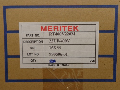 (900) RT400V220M MERITEK 22uF 400V 85° AXIAL ALUMINUM ELECTROLYTIC ...
