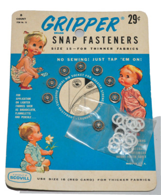 1950 Vintage GRIPPER Snap FASTENERS on Original CARD by SCOVILL Size 15 ...
