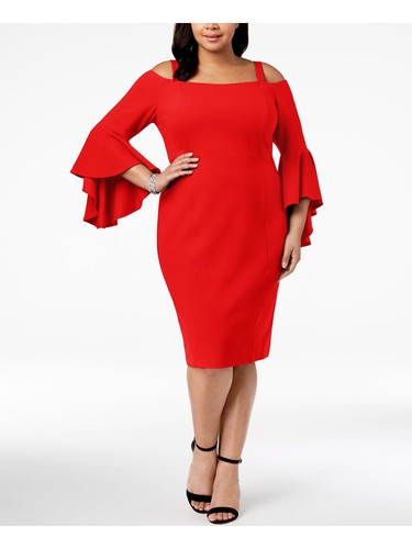 R&M RICHARDS Womens Red Removable Strap Bell Sleeve Sheath Dress Plus ...