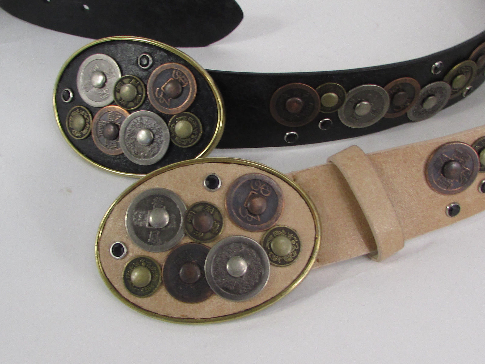 Women Black Beige Faux Leather Antique Coin Ethnic Style Coins Buckle ...