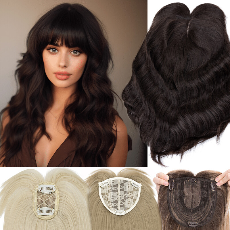 100% Natural Topper + Bangs Toupee For Thinning Hair as Human Synthetic ...