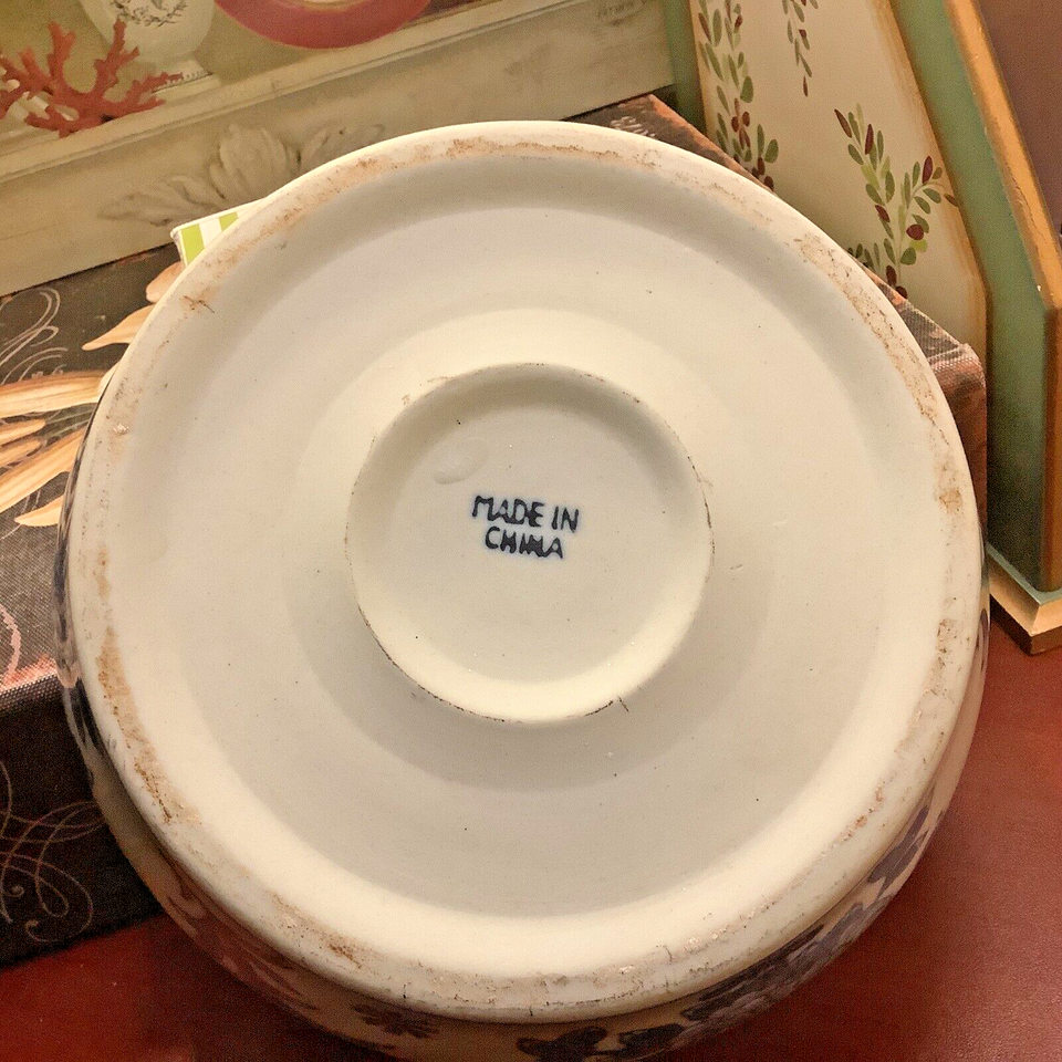 Cache’/Flower Pot~8.25” Round X 4”H~Blue & White Floral~Crackled Finish ...