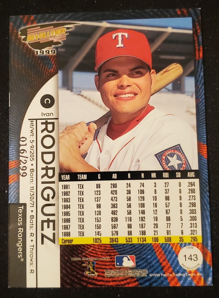 Ivan Rodriguez 1999 Revolution RED S#016/299 card #143 HOF sliver ...