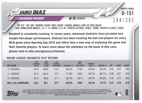 Jairo Diaz 2020 Topps Update Series Advanced Stat Parallel 194/300 ...