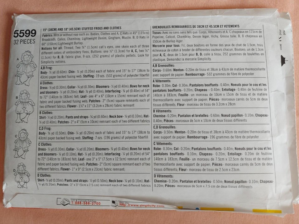 Simplicity 5599 15" & 18" Stuffed Frogs & Various Clothing Patterns | eBay