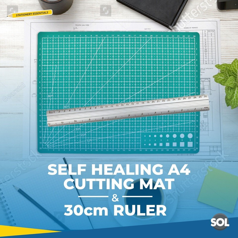 A4 Cutting Mat Self Healing Non Slip Grid Craft Board with 30cm Metal ...