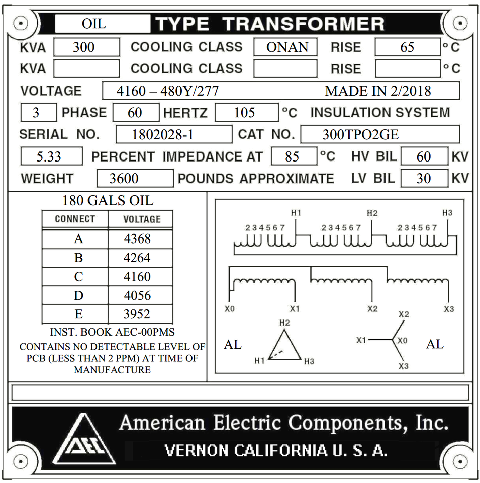 300 KVA AEC Padmounted ONAN Transformer, 3 PH, 4160- 480Y/277 | eBay