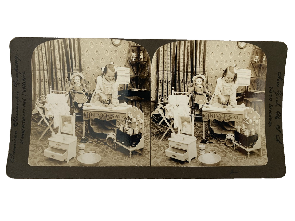 C.1890 CUTE GIRL DOLLS, IRONING CLOTHES, UNIVERSAL PHOTO STEREOVIEW F43 ...