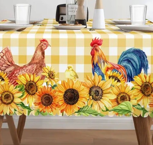 Rooster Tablecloth 60x60 Inch Yellow Buffalo Plaid Chickens Sunflowers ...