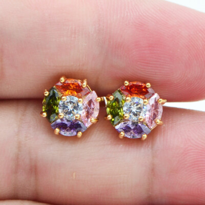 18K Yellow Gold Filled Women Round Multicolour Mystic Topaz Stud ...