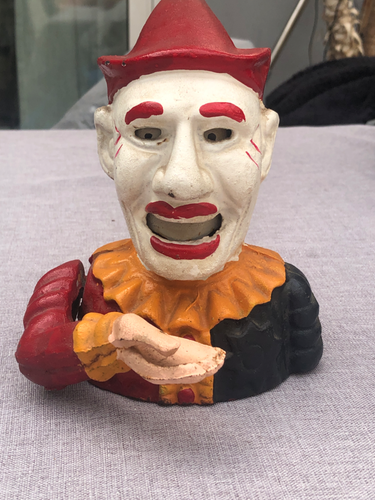 VINTAGE CAST IRON JESTER CLOWN MONEY BOX WORKING HEAVY WORTH A LOOK ...