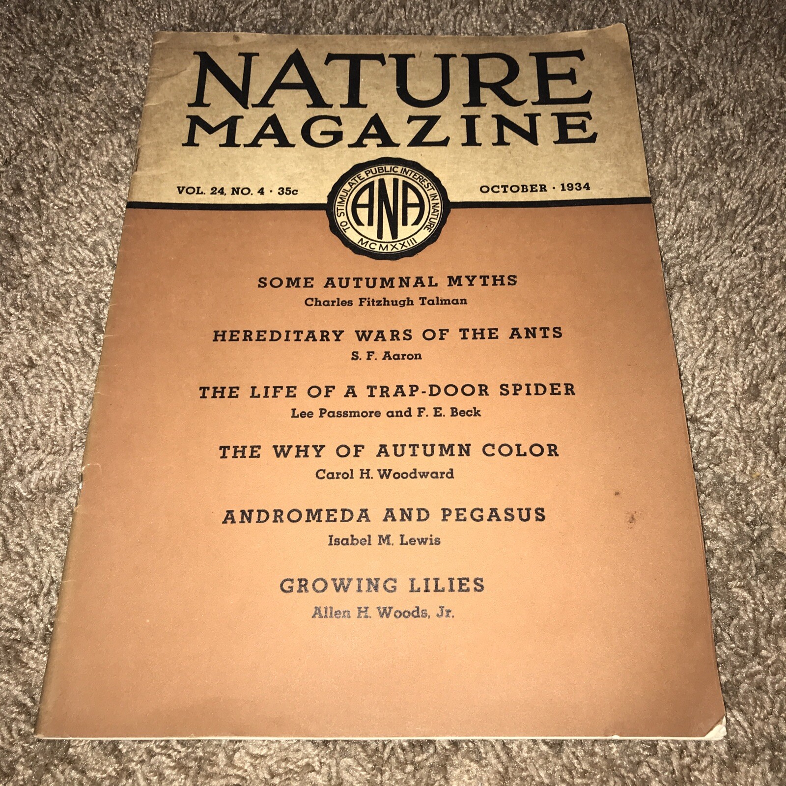 Vintage NATURE MAGAZINE October 1934 Vol.24 No.4 Trap Door Spider ...