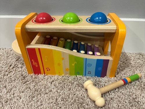Hape Kids Wooden Musical Instrument Baby Toy Rainbow Bench w/ Xylophone ...