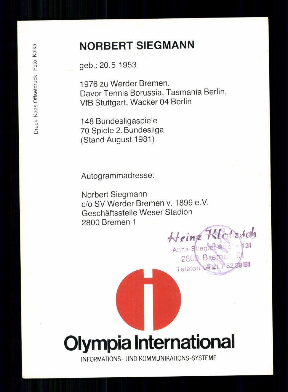 Norbert Siegmann Autogrammkarte Werder Bremen 1981-82 Original Signiert ...