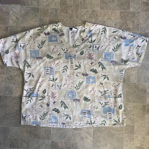 Cherokee Scrub Top Womens Plus 2X Nature Leaf Flower Short Sleeve Nurse ...