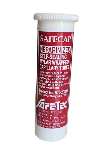 SAFECAP Heparinized Self-Sealing Mylar Wrapped Capillary Tubes H75 ...