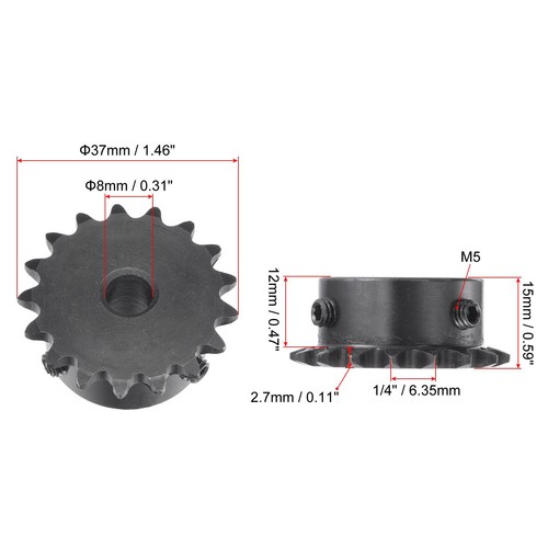 17 Teeth Sprocket 1/4" Pitch, 8mm Bore Carbon Steel with Set Screws | eBay