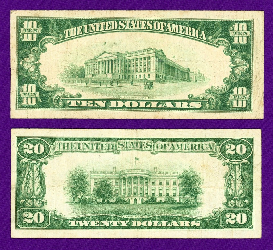 Set 1928 $10 and $20 Green Seal National bank Note Federal Reserve ...