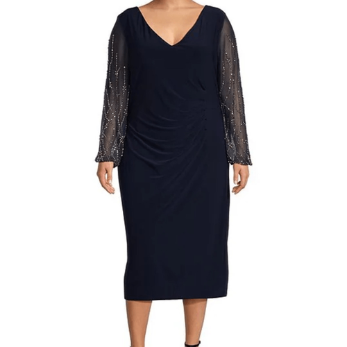 Marina Navy Blue V Neck Beaded Ruched Midi Cocktail Dress | Size 16 | eBay