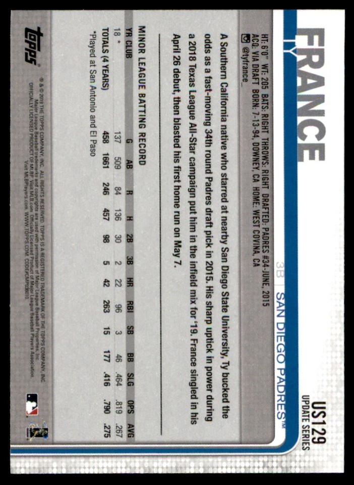 2019 TOPPS UPDATE TY FRANCE RC SAN DIEGO PADRES #US129 | eBay