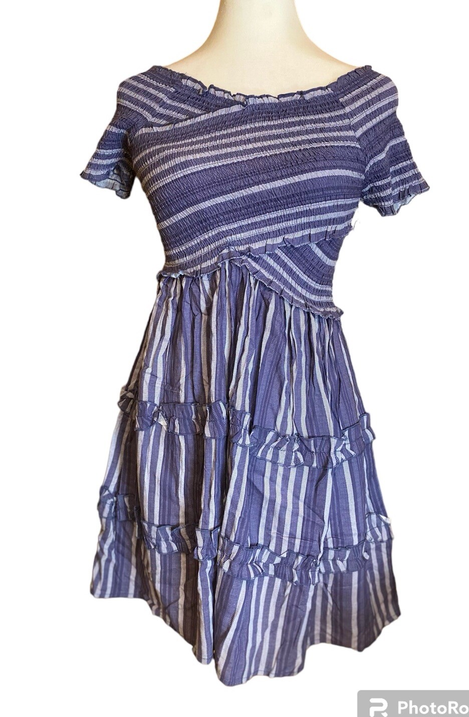 JAPNA Blue White SMOCKED Criss Cross BODICE TIERED Ruffle Stripe Dress Size XS | eBay