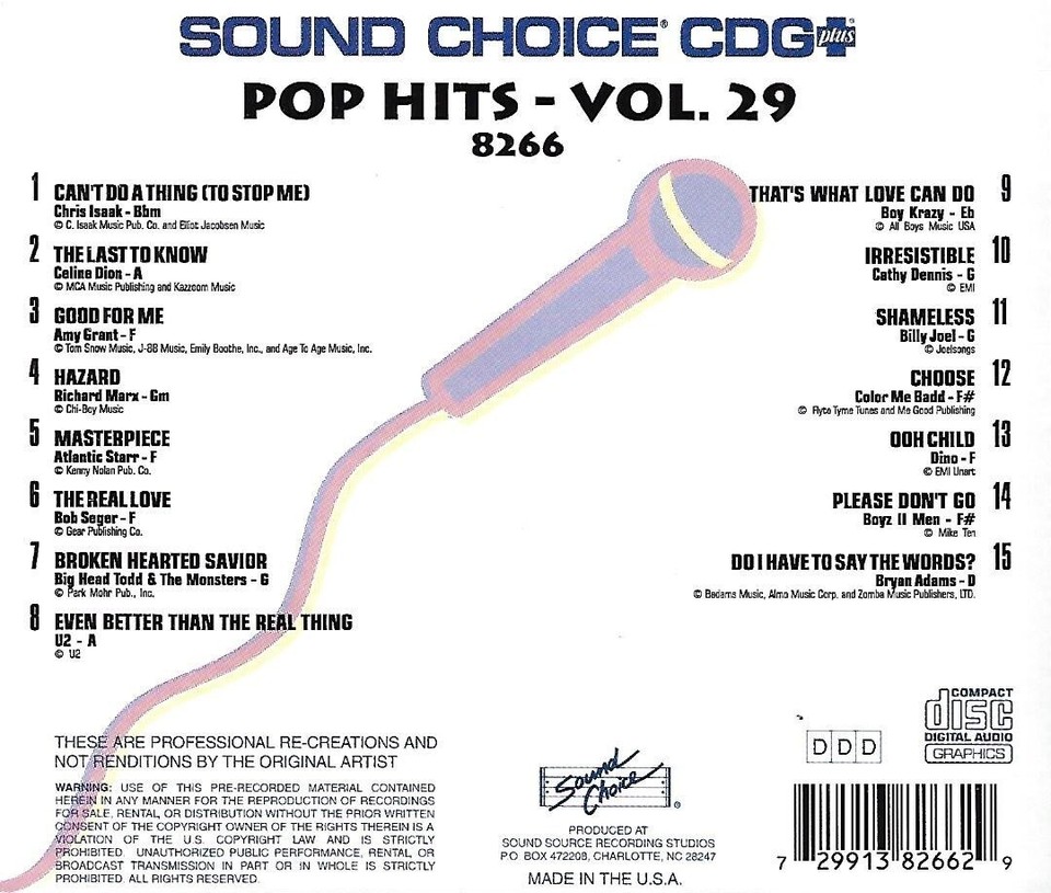 Karaoke: Pop Hits Vol. 29 (CD + G, 2000, Sound Choice) | eBay