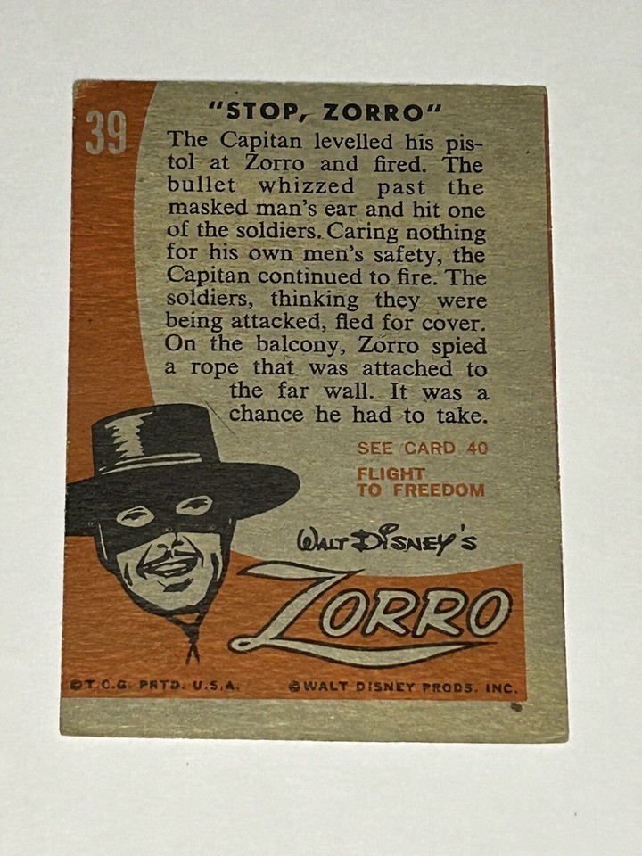 1958 Topps Walt Disney's Zorro #39 Stop Zorro Non-Sport Trading Card ...