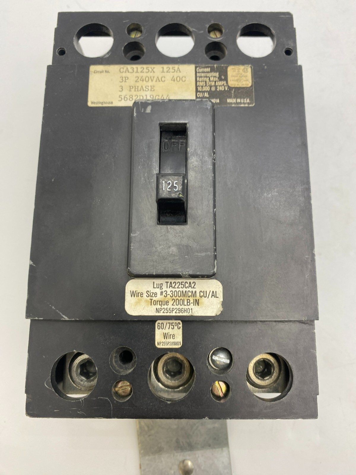 Westinghouse CA3125X Circuit Breaker 125A 3P 240V 3PH Bolt On 125 Amp 3 ...