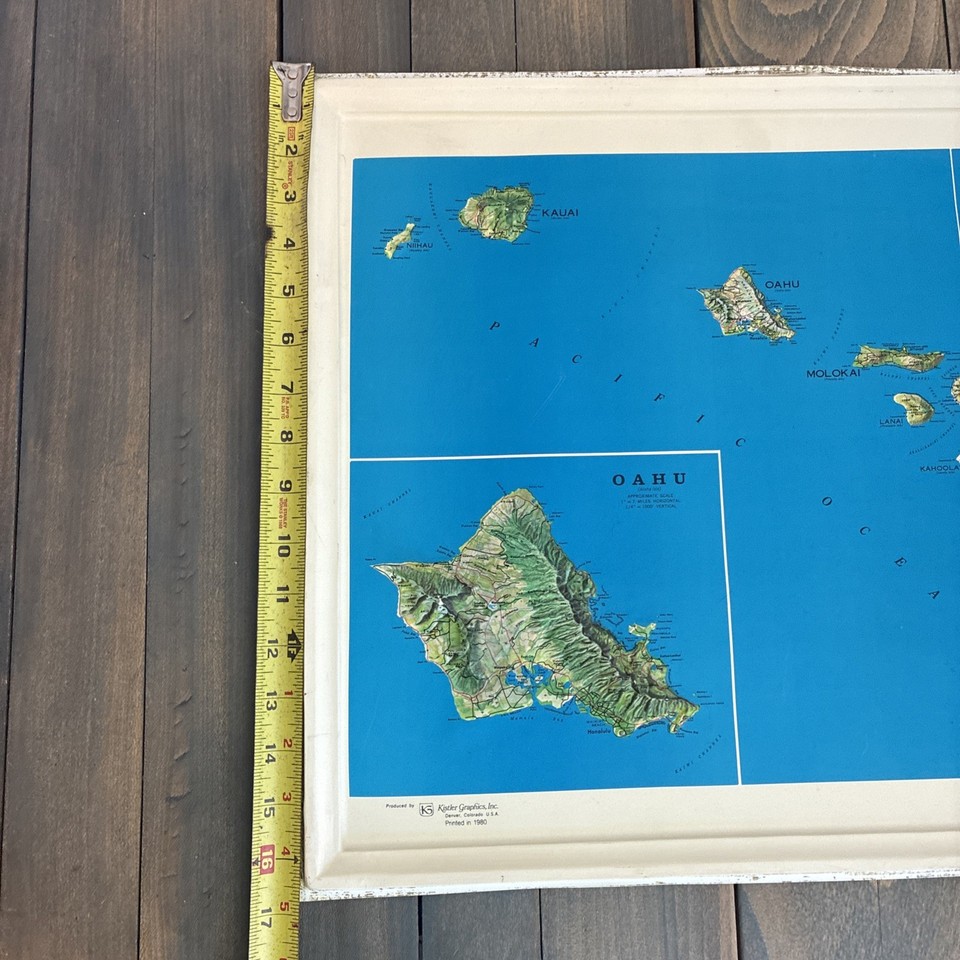 Vintage 1980 HAWAIIAN ISLANDS 3D Topographic Map Kistler Graphics 22” x ...