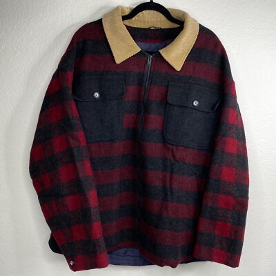 Vintage Chore Coat Men’s Sz L Red Black Plaid Wool Corduroy Collar ...