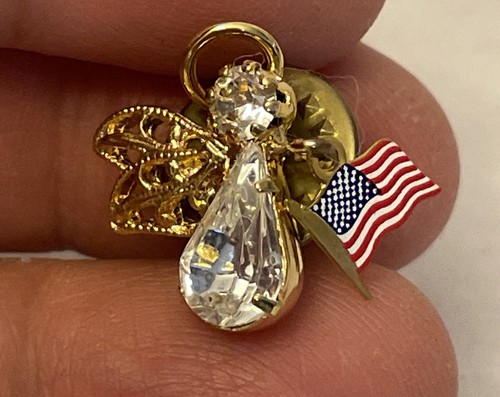 VTG Angel & American Flag Lapel Pin Crystal Enameled Gold-Toned Stars ...