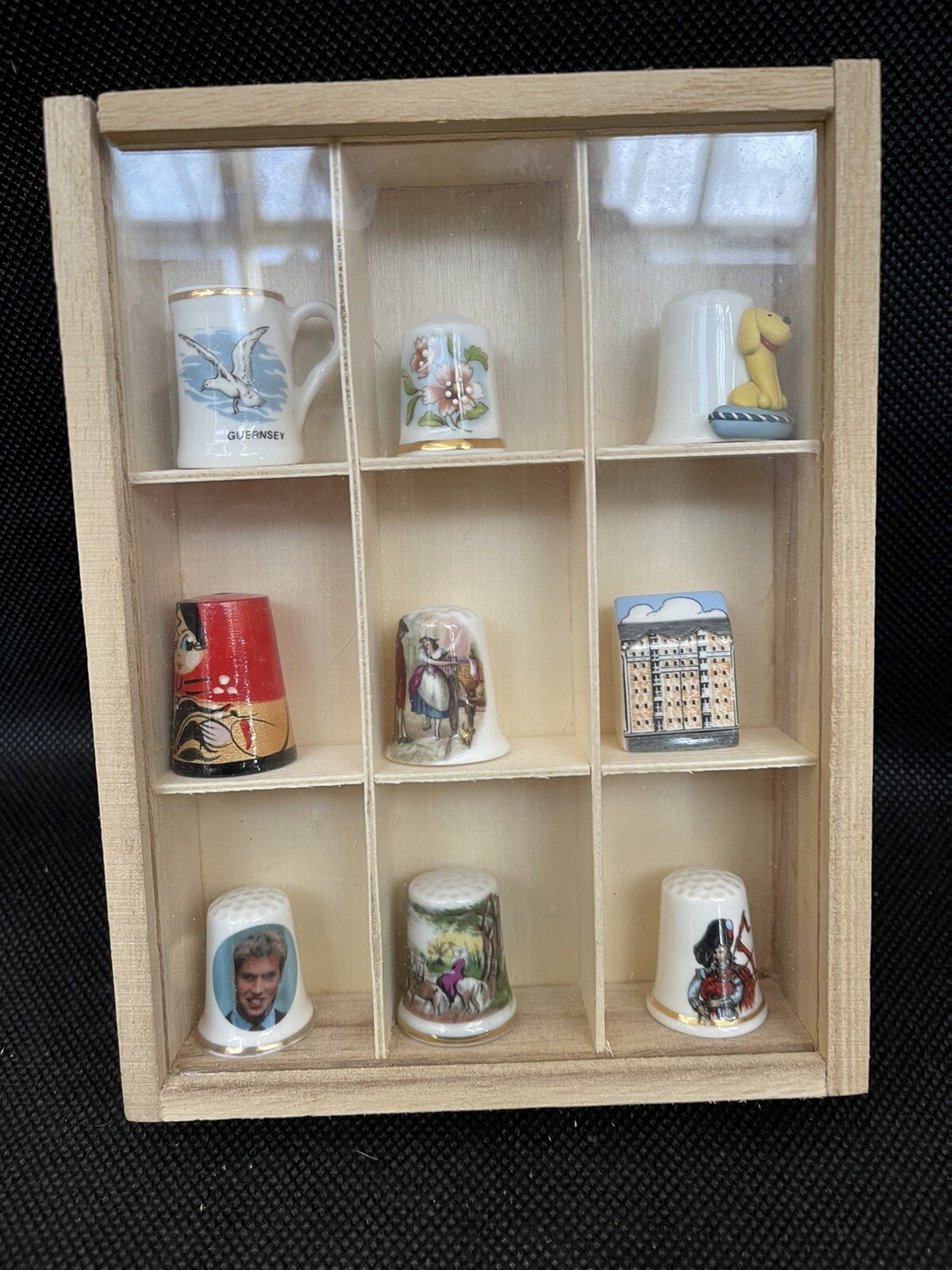 Thimbles Display Case With 9 Thimbles Wooden Well Made Unique Lot ...